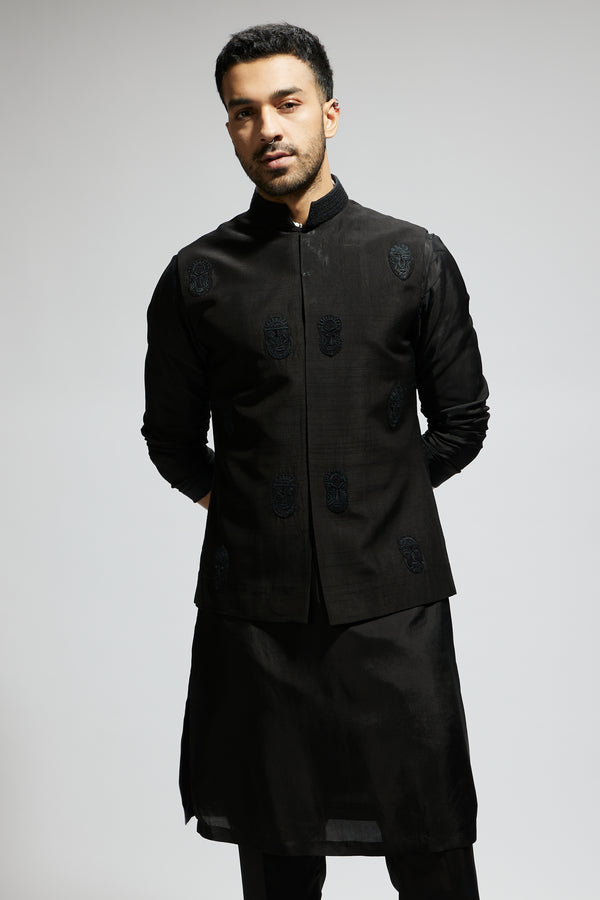 SVA By Sonam and Paras Modi Menswear - Black Mask Threadwork Bandi Set ...
