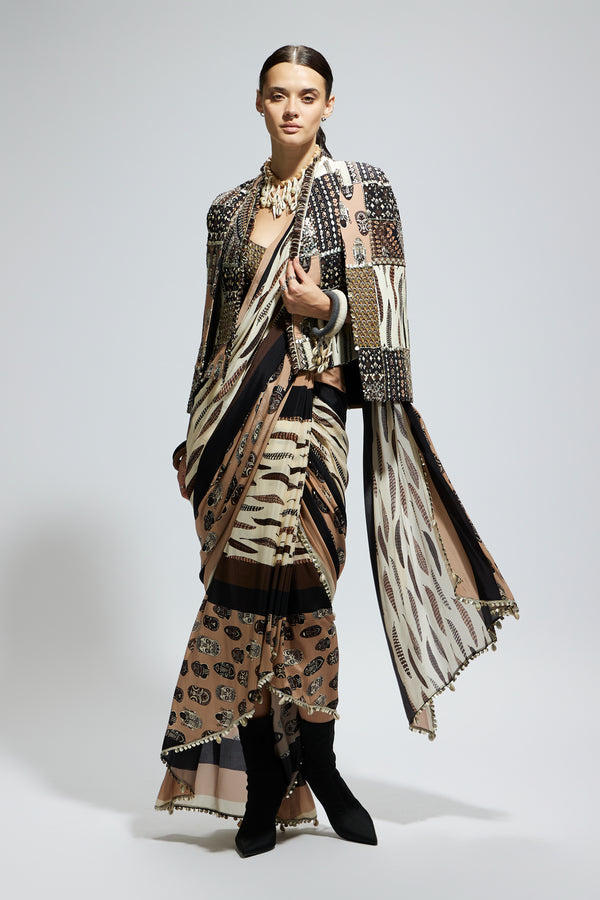 SVA By Sonam and Paras Modi - Print Cascade Saree With Bustier - Elahe