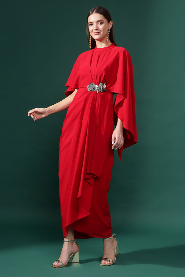 Aakaar - Red Pleated Draped Dress - Elahe
