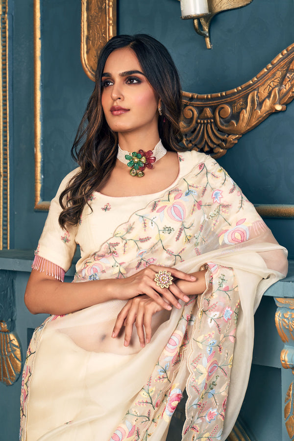 Stotram - Ivory Thread Organza Saree Set - Elahe