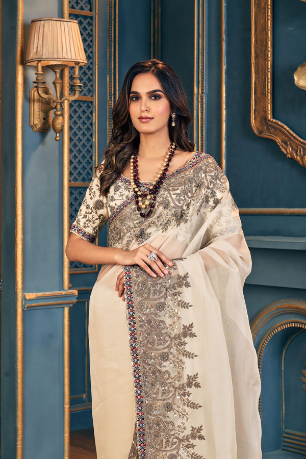 Stotram - Heritage Ivory Organza Saree Set - Elahe