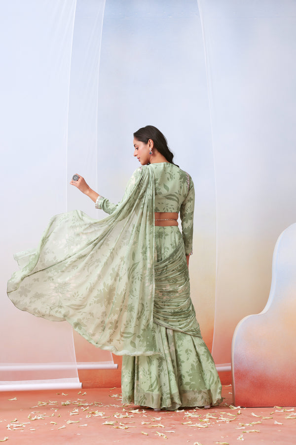 Isha Gupta Tayal - Sage Green Printed Pre Drape Saree Set - Elahe