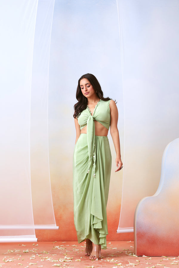 Isha Gupta Tayal - Sage Green Drape Skirt Set - Elahe