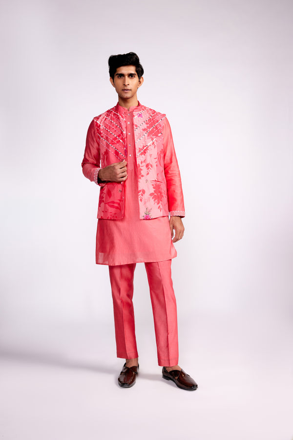 Isha Gupta Tayal Menswear - Pink Printed Embroidered Nehru Jacket Set ...