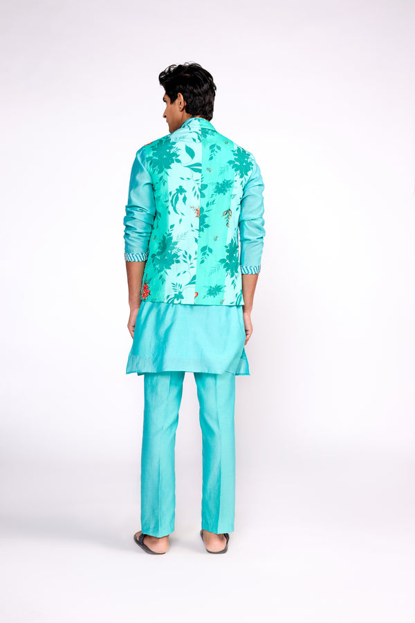 Isha Gupta Tayal Menswear - Aqua Green Embroidered Nehru Jacket Set - Elahe