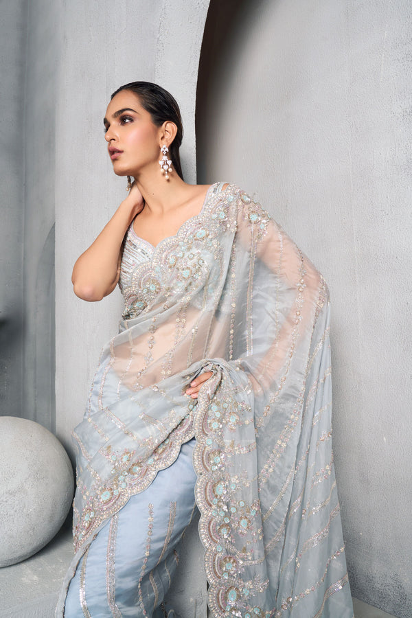Stotram - Classic Ice Blue Organza Saree - Elahe