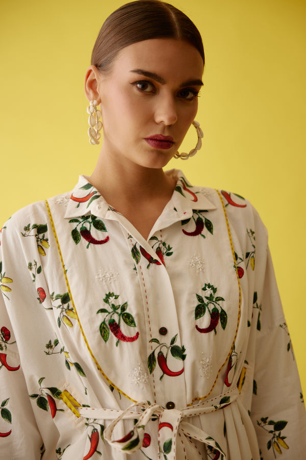 Nikasha - Off-white Hand Painted Chilli Print Shirt Dress - Elahe
