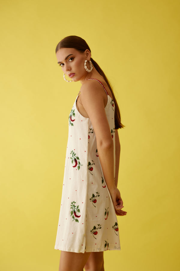 Nikasha - Off-white Hand Painted Chilli Print V-neck Slip Dress - Elahe