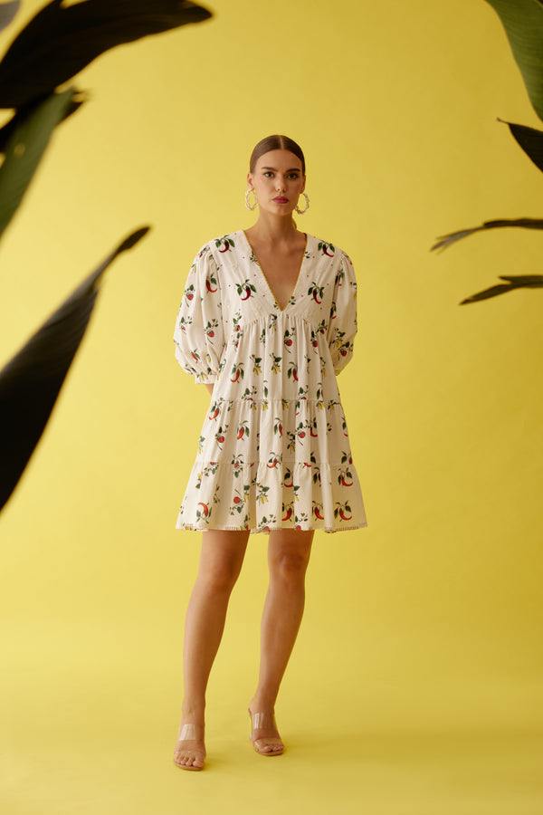 Nikasha - Off-white Hand Painted Chilli Print Bubble Sleeve Tier Dress ...