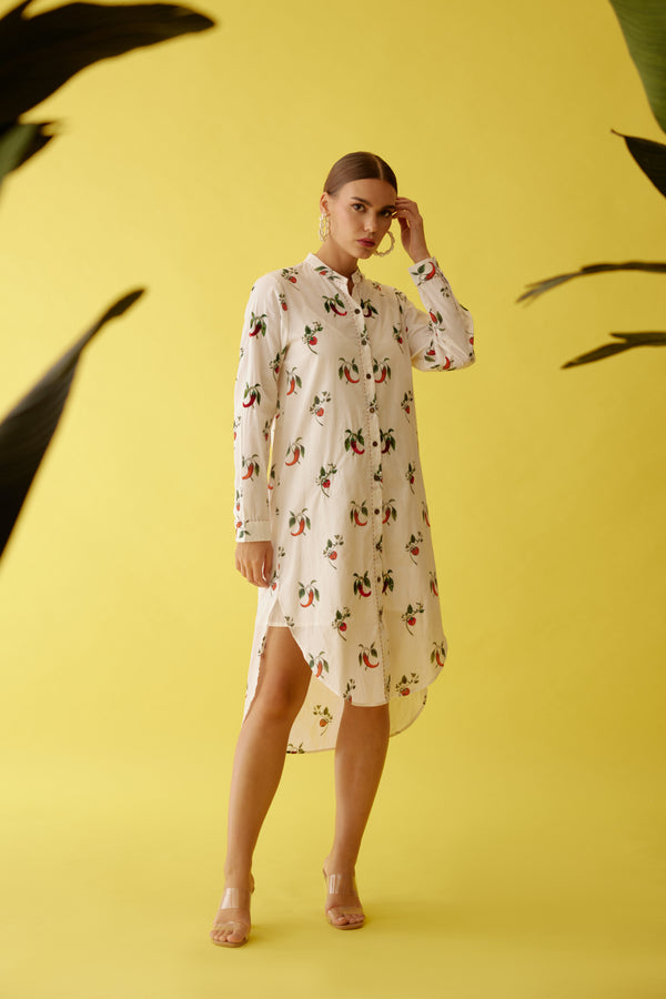 Nikasha - Off-white Hand Painted Chilli Print Hi-low Shirt Dress - Elahe