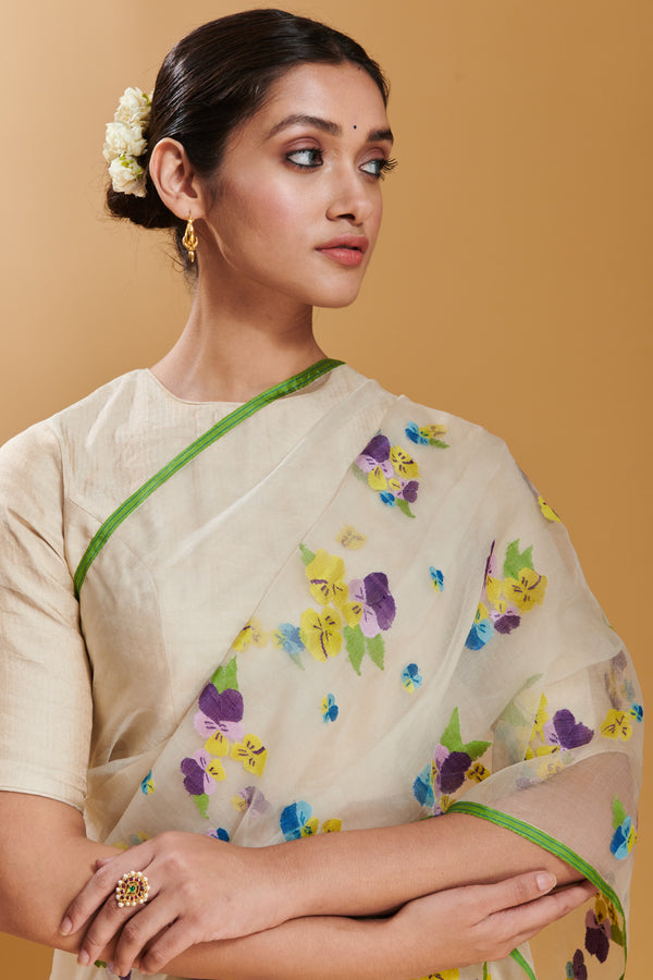 Surmaye - Pansy Bloom Jamdani Silk Saree - Elahe