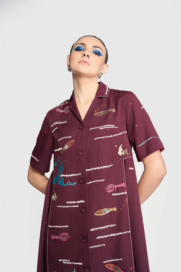 Shahin Mannan - Fish And Prawn Panelled Waist Front Open Dress - Elahe