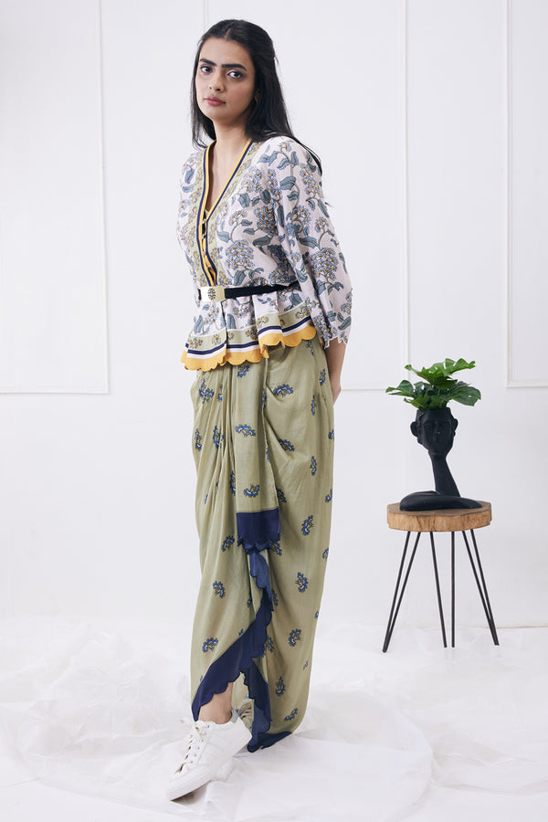 Sougat Paul - Yasmin Printed Drape Skirt With Peplum Top - Elahe