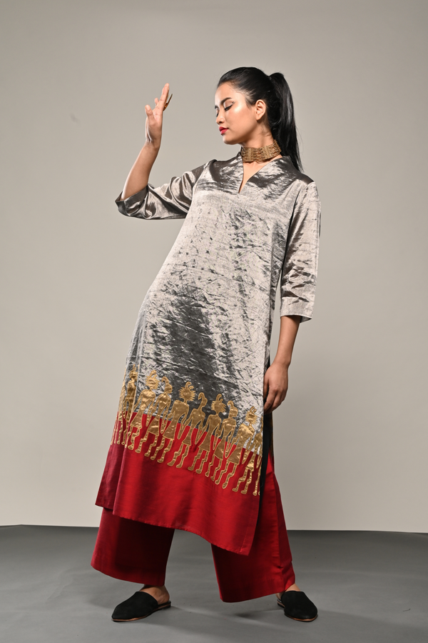 Taika By Poonam Bhagat - Gold Leaf Silver Tissue Man Tunic And Pants ...
