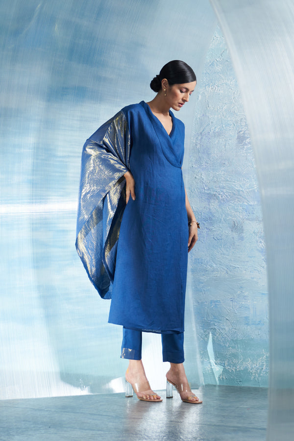 Charkhee - Royal Blue Wrap Kurta Set - Elahe